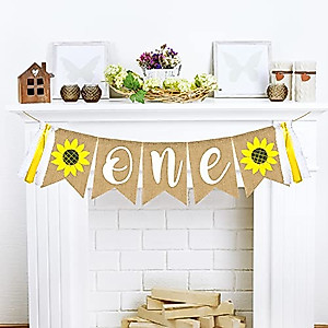 Doumeny Jute Burlap One Banner with Sunflower One HighChair Banner Boy Girl 1st/First Birthday Bunting Banner Baby Shower Party Banner Sunflower Tassel Ribbon Garland Banner for Party Photo Prop Decor