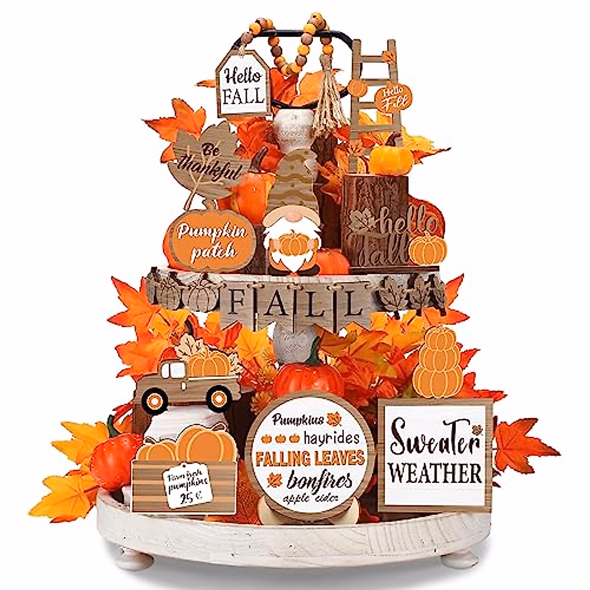 Maitys 21 Pcs Fall Thanksgiving Tiered Tray Decor Set Fall Pumpkin Gnome Truck Wood Sign Rustic Farmhouse Decor Hello Fall Wood Bead Decorative Tabletop Sign for Autumn Thanksgiving Day Table Holiday