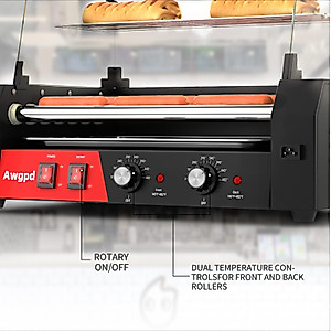 Awgpd Hot Dog Roller 5 Rollers 12 Hot Dogs Capacity, 750W Stainless Sausage Grill Cooker Machine with Dual Temp Control,Removable Drip Tray for Party Home Commercial (5 Roller)