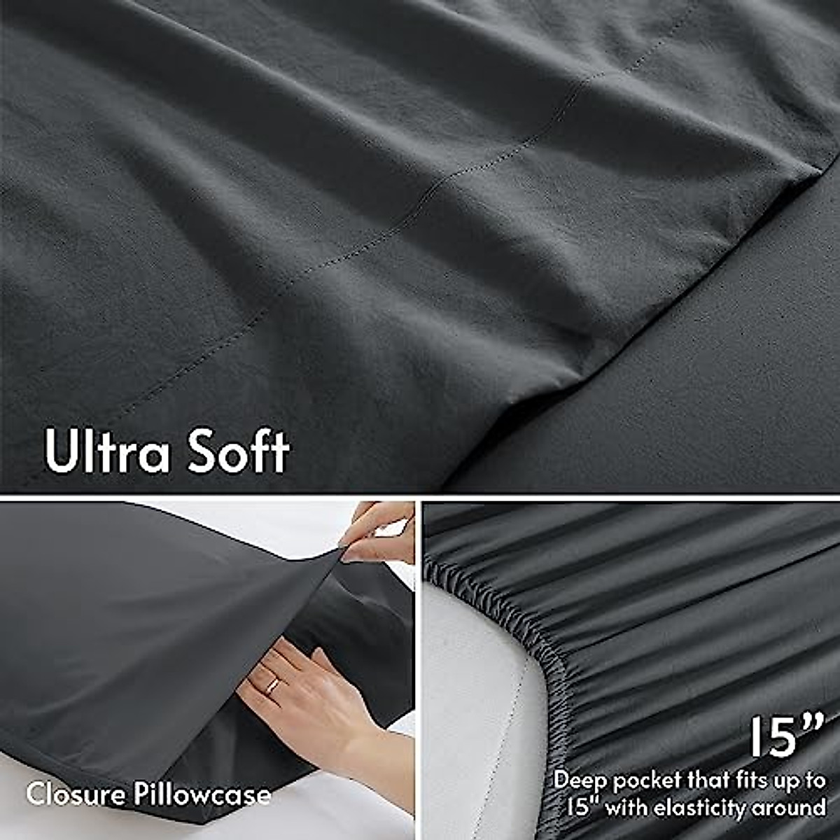 JOLLYVOGUE Bed Sheets Queen 4 Pieces, Dark Grey Sheet Set for Bedroom with Deep Pocket, Cooling Bed Sheets with 1 Flat Sheet, 1 Fitted Sheet & 2 Pillowcases