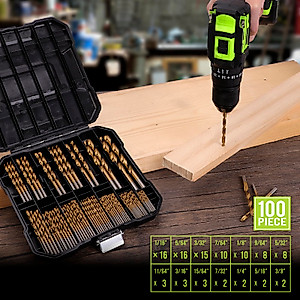 COMOWARE 100 Pcs Titanium Drill Bit Set - High Speed Steel for Steel, Wood, Plastic, Metal, Copper, Aluminum Alloy with Storage Case, 3/64"-3/8"