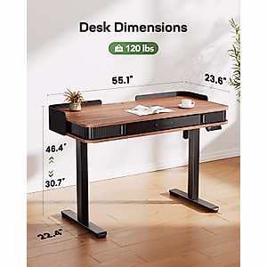 Marsail Electric Standing Desk Whole-Piece Desktop 55 x 28 Inches Height Adjustable Desk with 3 Drawers Home Office Table with 3 Memory Preset
