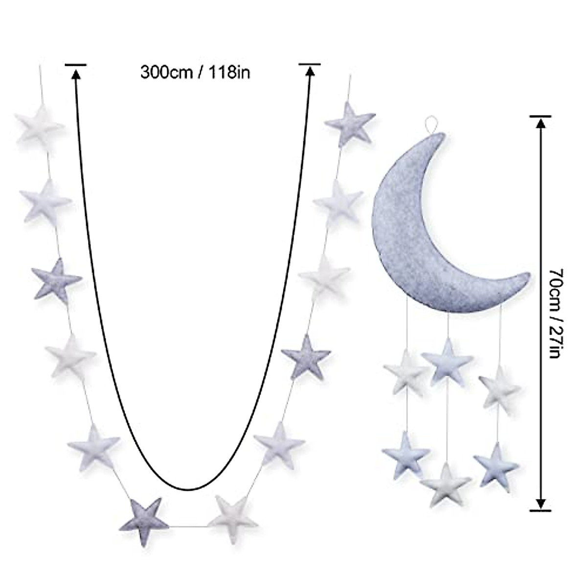 Moon and Stars Nursery Decor - Two Baby Wall Decorations for Nursery Hanging Moon Nursery Wall Decor and Separate Star Wall Baby Decor for Nursery Star Baby Nursery Garland