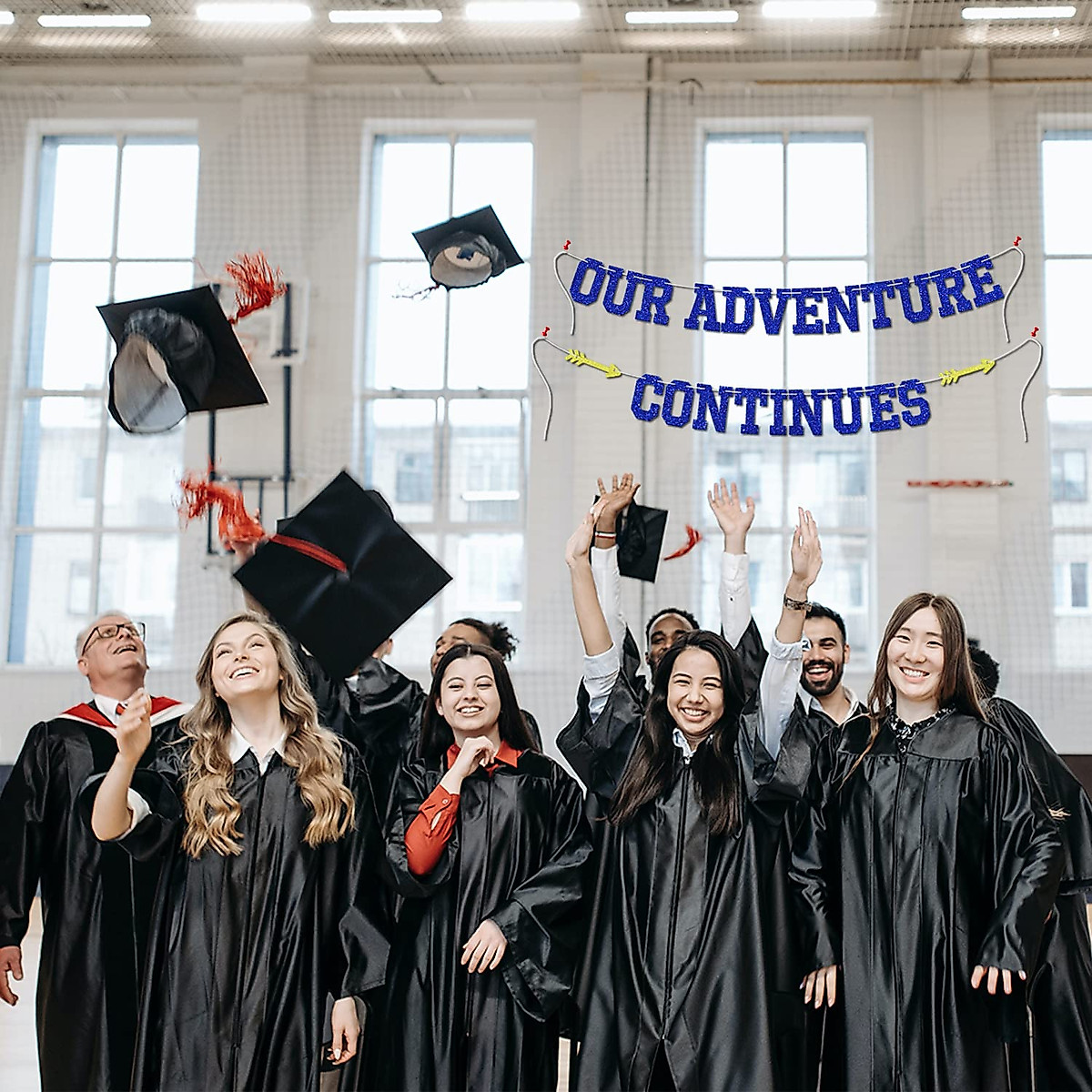 Our Adventure Continues Banner, Let the Adventure Begin Bunting Garlands, Travel Themed/Wedding/Graduation/Retirement Party Decorations Supplies, Blue Glitter