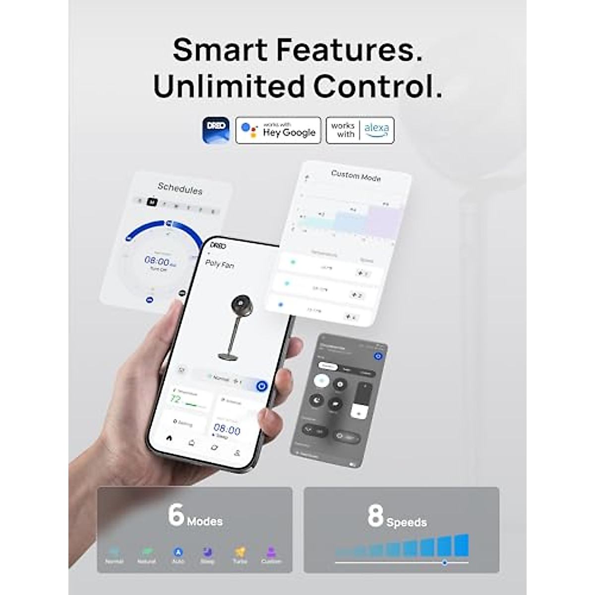 Dreo Smart Fan for Bedroom, 120° Oscillating Standing Fan, DC Motor, Quiet Pedestal Fans, 8 Speeds, 6 modes, 23dB Low Noise, Floor Fan for Whole Room, 35-40'' Adjustable Height, with Wi-Fi/Voice