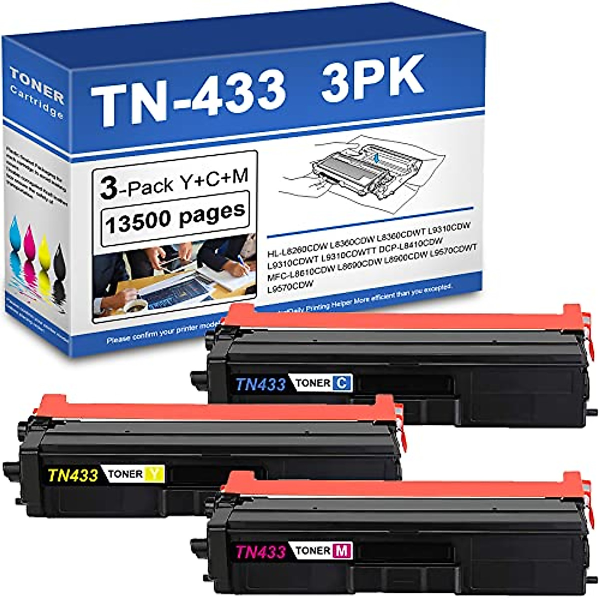 LKKJ 3 Pack TN-433Y TN-433C TN-433M High Yield Toner Cartridge Replacement for Brother TN433 HL-L8260CDW L8360CDW L8360CDWT MFC-L8900CDW Printer Toner.