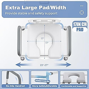 Raised Toilet Seat with Handles, Stand Alone Elongated Toilet Riser with arms and Widen seat, Heavy Duty 400lb Adjustable Commode Chair with Safety Frame, Shower Chair for Elderly, Handicap Pregant