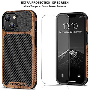 TENDLIN Compatible with iPhone 14 Case Wood Grain with Carbon Fiber Texture Design Leather Hybrid Slim Case Black
