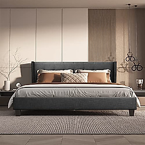 BONSOIR King Size Grey Color Bed Frame Upholstered Traditional Low Profile Platform with Wing Back Headboard Linen Fabric Upholstery/Sand (Dark Grey, King Size)