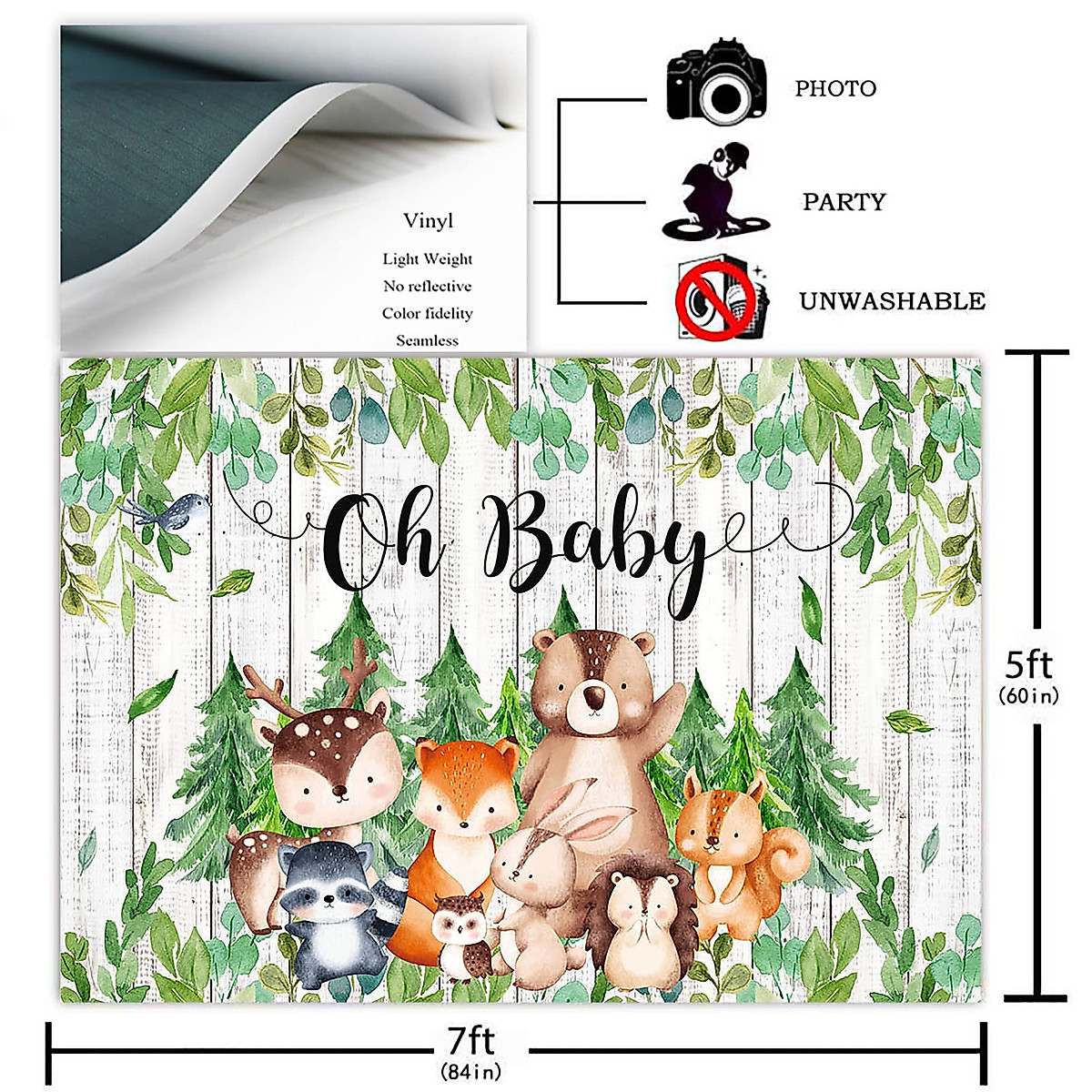 Avezano Oh Baby Backdrop Forest Safari Jungle Animals Boys Girls Baby Shower Party Decorations Cartoon Bear Deer Woodland Baby Shower Photography Background (7x5ft)