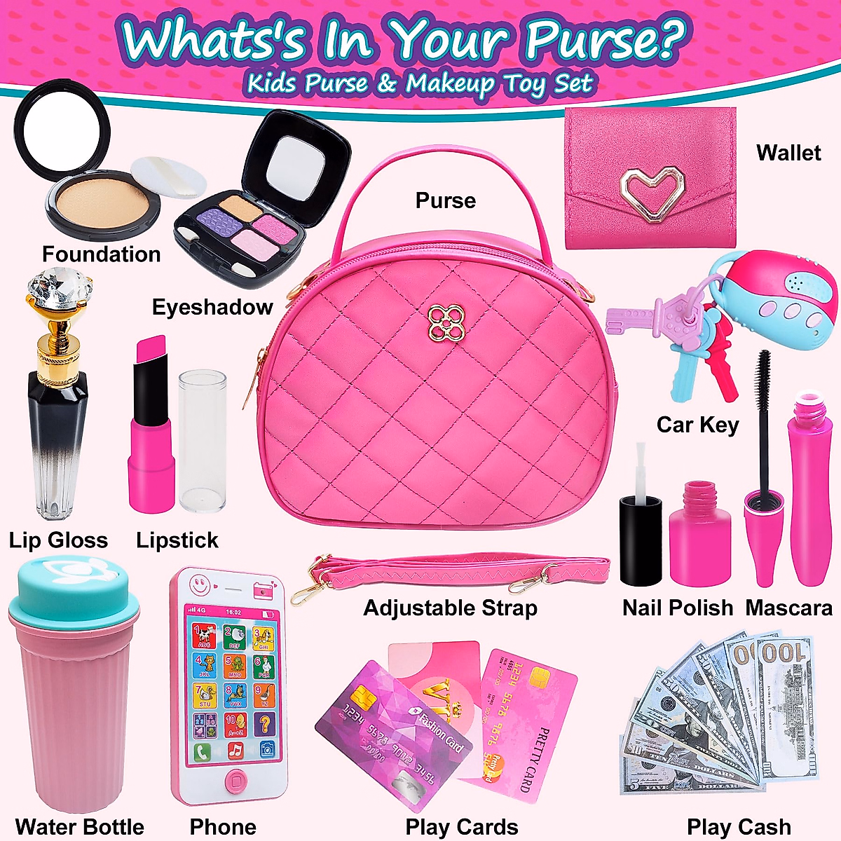Play Purse for Little Girls Toys - Pretend Makeup for Toddlers with Girls Purse Pretend Play Girls Toys for 3 4 5 6 Year Old Toddler Birthday Gifts for Girls