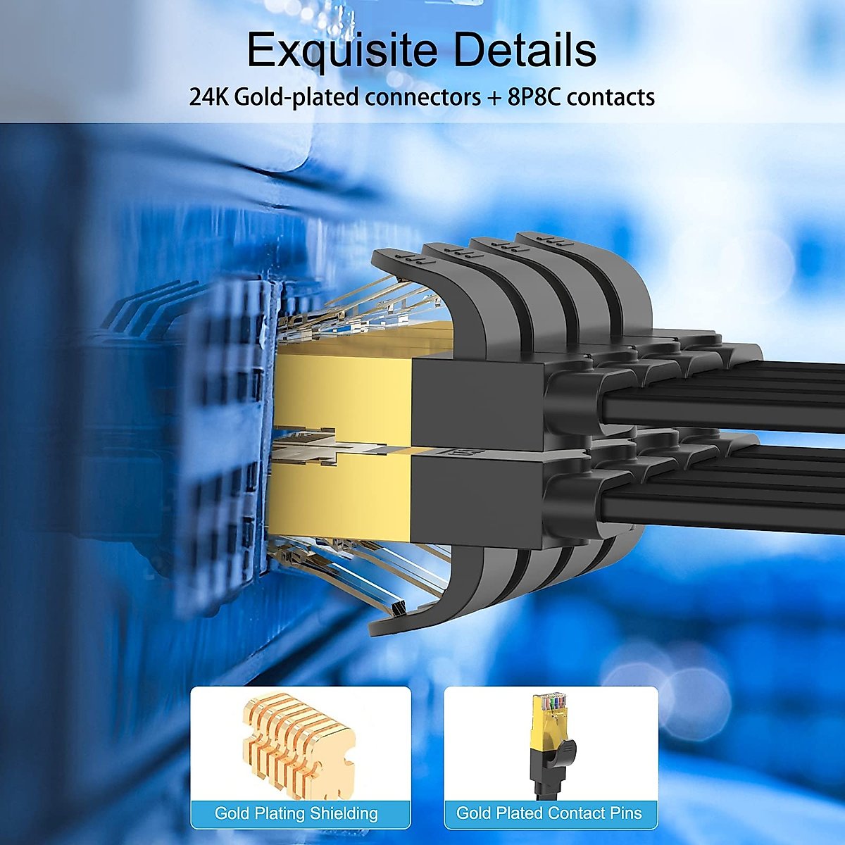 Cat 7 Ethernet Cable 50 ft, Shielded 10Gbps 600MHz, Support Cat 8 Network, Solid Flat Internet Computer Patch Cord, High Speed LAN Wire for Any Device with an RJ45 Port, Black
