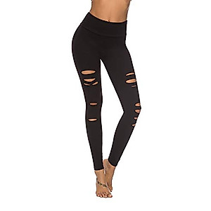 DIBAOLONG Womens High Waist Yoga Pants Cutout Ripped Tummy Control Workout Running Yoga Skinny Leggings Black L