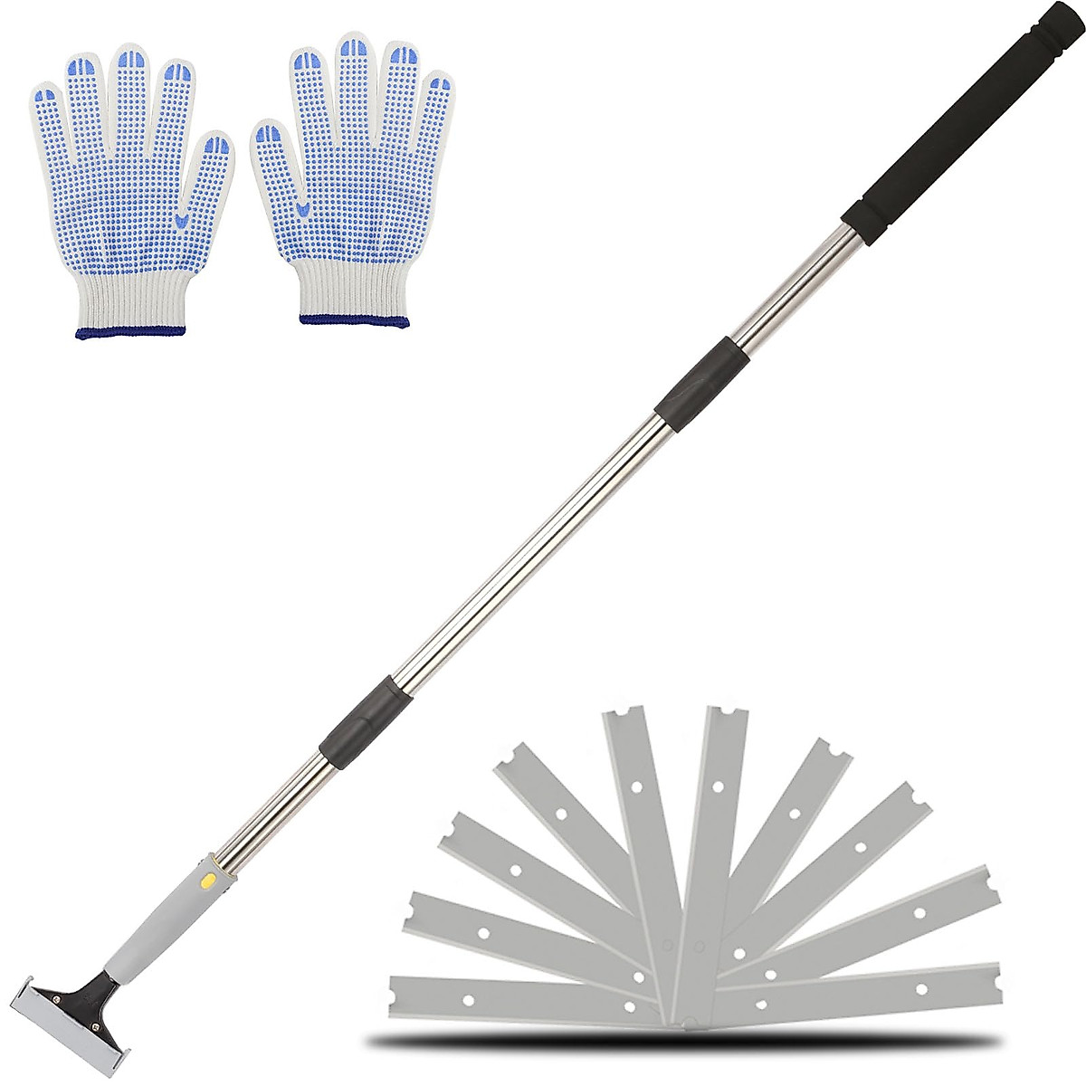 Floor Scraper Long Handle Heavy Duty, Floor Scraper Blades 4 inch scraper tool kitchen 31-61“ Thickened Steel Sharp Blades Free Extra 10PCS Metal Paint Scraper Ideal for Cleaning.(1, black)