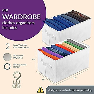 Large Sturdy Wardrobe Clothes Organizer – 17 x 11 x 8.6-inch Clothes Organizer for Folded Clothes – 2-Pcs Foldable Wardrobe Boxes with 9 Slots Each – Pants Organizers with Rotating Hooks Hanger