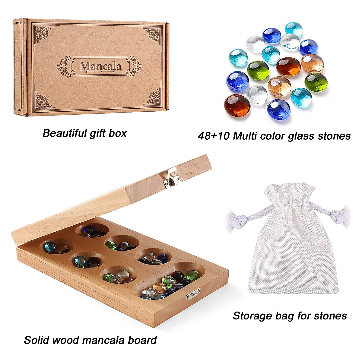 Ceebyfa Mancala Board Game for Kids, Adults & Family. Includes Folding Rubber Wood Board, 48+10 Mancala Stones & Instruction. Classic & Portable Marble Game for Travel.(Natural Color)
