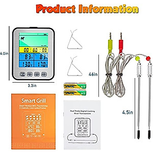 Meat Thermometer, Food Digital Grill Thermometer with Dual Probe and LCD Backlight and Timer Mode, Instant Read Smart BBQ Thermometer for Cooking Turkey Fish Beef