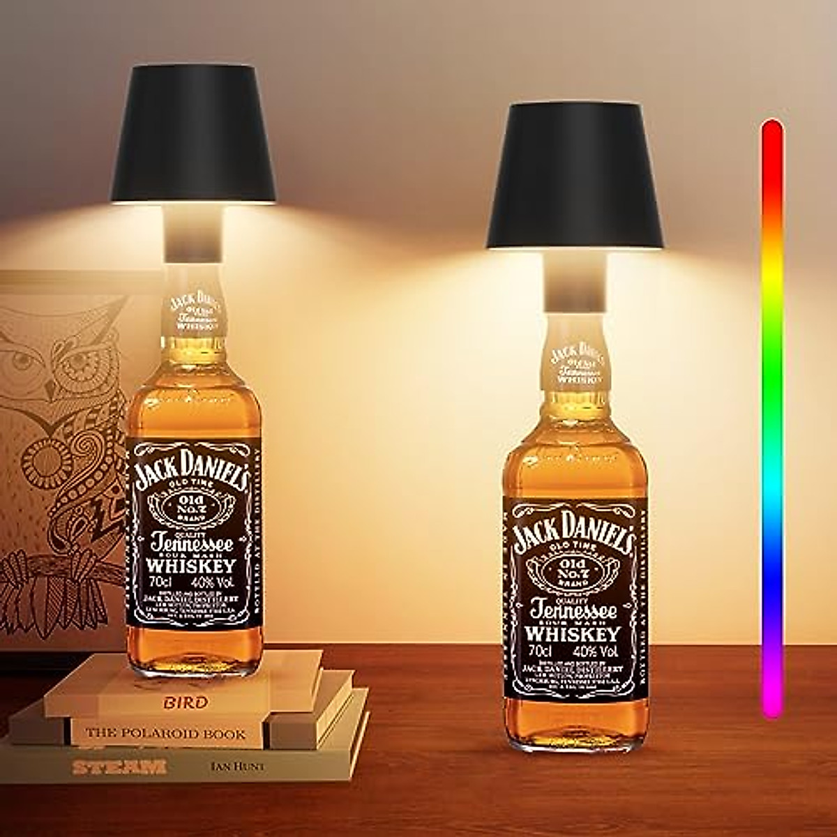 Howskys 2 Pack LED Dimmable Bottle Lamp 3000k+RGB, IP54 Wireless Bottle Lamp for Indoor and Outdoor, 5500 mAh Rechargeable Bottle Lamp for Family, Restaurant & Bar(Black)
