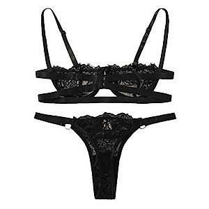 SheIn Women's 2 Piece Sexy Lace Strap Bralette Bra and Panty Lingerie Set Push Up Black Small