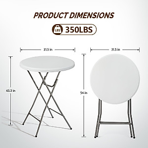 VINGLI 32" Plastic Folding Round Table Bar Height, HDPE Matrial with Gray Metal Finish, High Top Table for Outdoor Party, Cafes, Restaurants, Backyard, Dining Room, Wedding Event,1 Pack, White