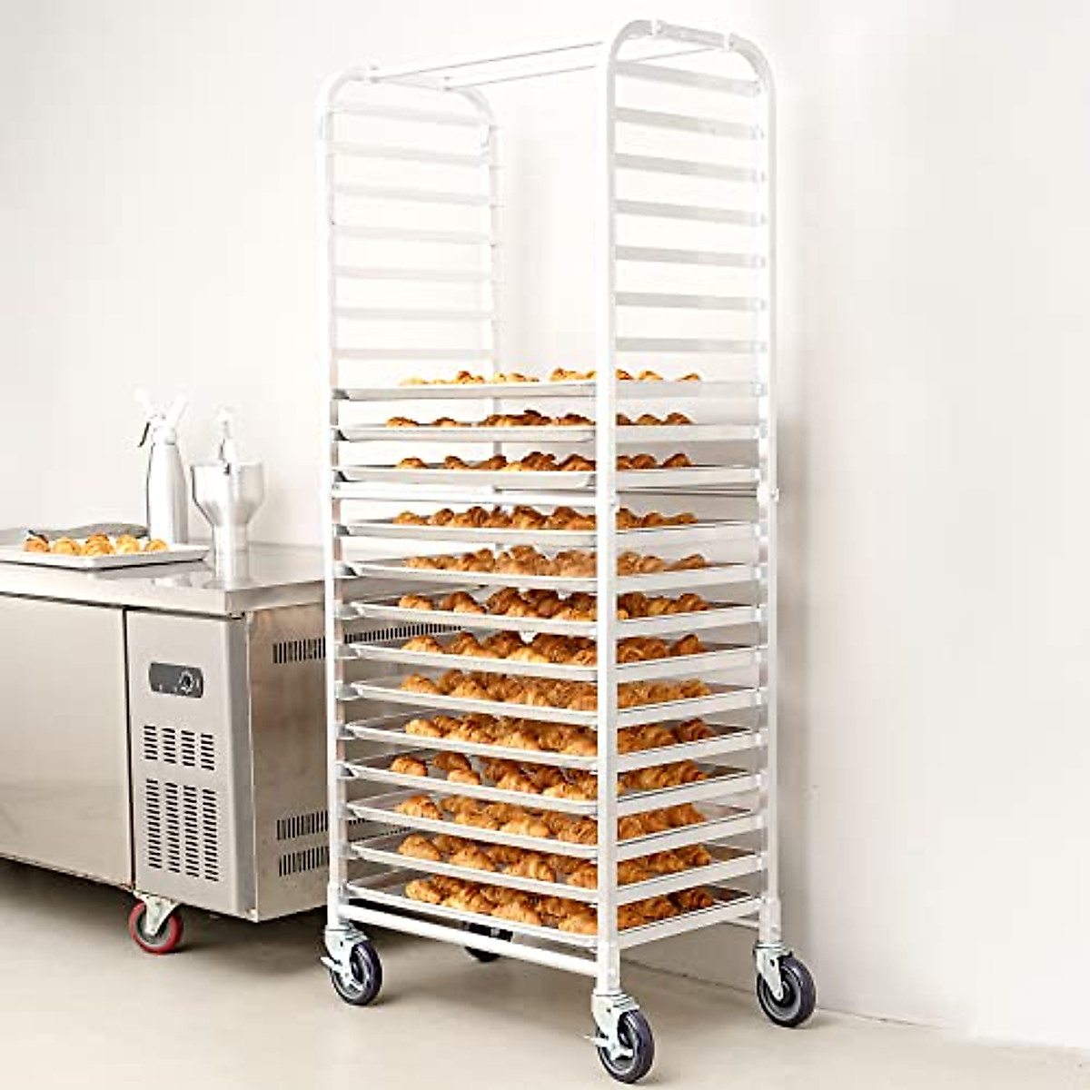 Restaurantware Kitchen Tek 28.25 x 18 x 69.25 Inch Bun Pan Rack 1 Sideload Sheet Pan Rack - Full-Height 2 Locking & 2 Non-locking Casters Silver Aluminum Bun Pan Rack With Wheels Holds 20 Pans