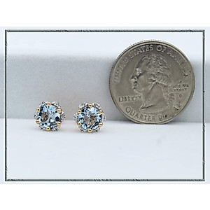Dazzlingrock Collection 6mm Each Round Aquamarine with White Diamond Cluster Flower Shape Screw Back Stud Earrings for Women in 14K Yellow Gold