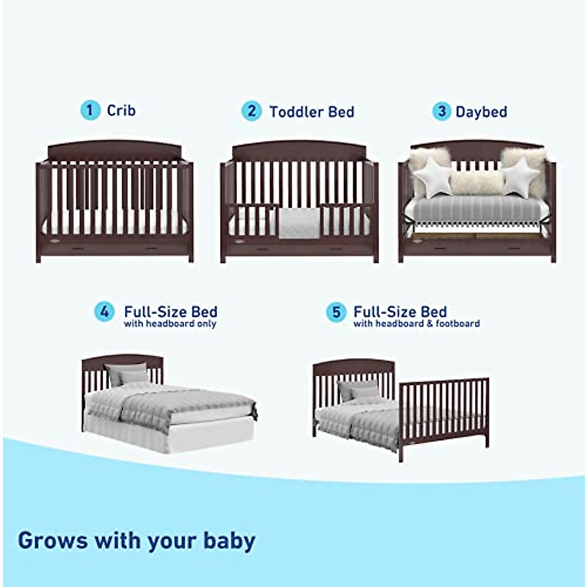 Graco Benton 5-in-1 Convertible Crib with Drawer (Espresso) - Converts from Baby Crib to Toddler Bed, Daybed and Full-Size Bed, Fits Standard Full-Size Crib Mattress, Adjustable Mattress Support Base