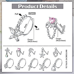 JOERICA 10 Pcs 20G Dangle Nose Rings Studs for Women 316L Stainless Steel L Shaped Nose Studs Heart Butterfly Moon Star Snowflake CZ Dangle Nose Rings Dangling Nose Piercing Jewelry