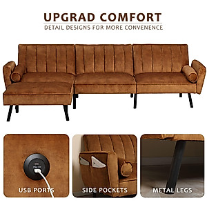 DURASPACE Velvet Sectional Convertible Sofa with Chaise, 106.5" L Shape Sectional Sofa Couch with USB, Split Back Folding Futon Couch for Living Room (Caramel Brown)
