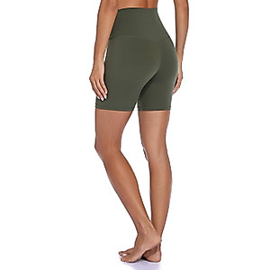 YUNOGA Women's High Waisted Yoga Short 6" Inseam Workout Athletic Biker Shorts (L, Army Green)