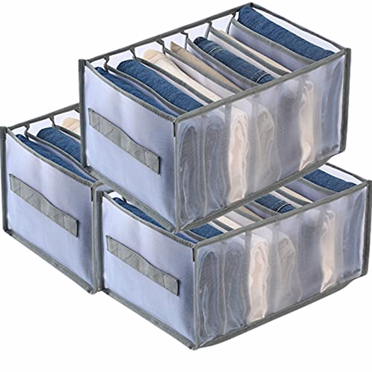 Wardrobe Clothes Organizer, 7 Grids Upgraded Washable Closet Organizers and Storage, Washable Jeans Compartment Storage Box, Foldable Drawer Mesh Separation Box for Jeans, Shirt, Skirt, Legging (3Pcs)