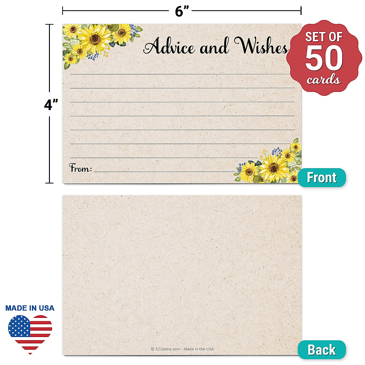 321Done Advice and Wishes Cards Sunflowers (50 Cards) 4x6 Rustic Kraft Watercolor Flowers for Wedding, Bridal, Retirement, Graduation, Anniversary - Made in USA - Tan