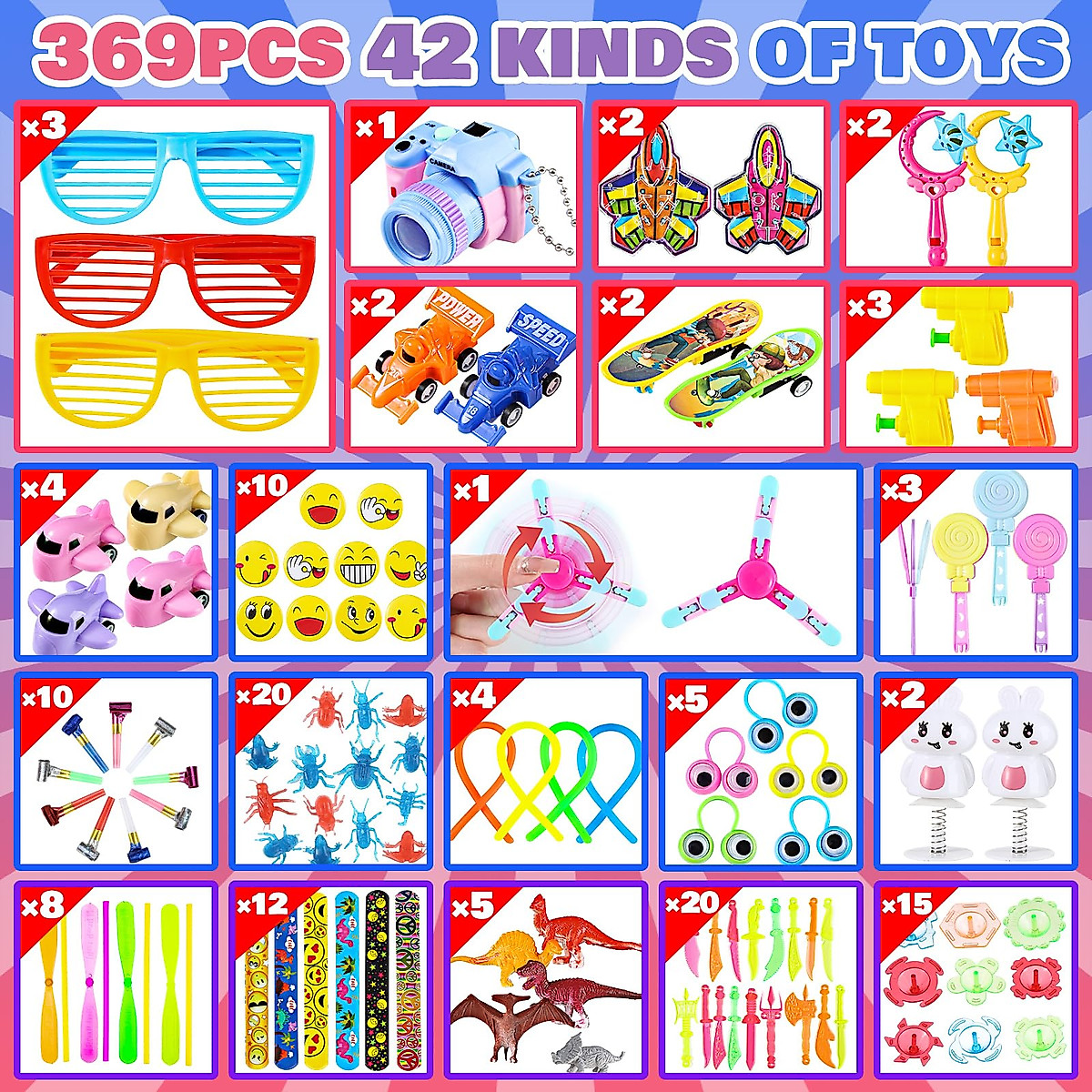 369PCS Party Favors for Kids 4-8 8-12, Classroom Treasure Box Bulk Prizes Reward, Goodie Bag/Stocking Stuffers for Carnival Birthday Gifts, Pinata Fillers, Autism Sensory Toys