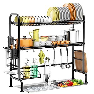KETAZERO Over The Sink Dish Drying Rack, Stainless Steel 2 Tier Over The Sink Dish Drying Rack with Utensil Holder Dish Drainers for Kitchen Counter,Save More Counter Space, Black