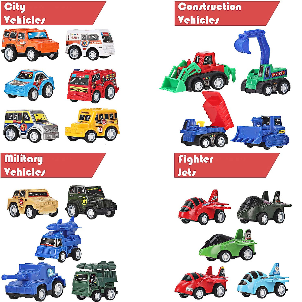 36 PCS Mini Pullback Vehicles Toy Pocket Cars Mega Set for Kids - Pull Back Plastic Miniature Construction Truck, Military Vehicle, Race Car, Fighter Jets Gift Assortment