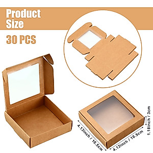 Zonon 30 Pcs Soap Boxes for Homemade Soap Boxes Packaging Small Gift Box Mini Kraft Treat Boxes with Window Present Packaging Box for Bakery Candy Soap Making,4.13 x 4.13 x 1.18 Inch(Brown)