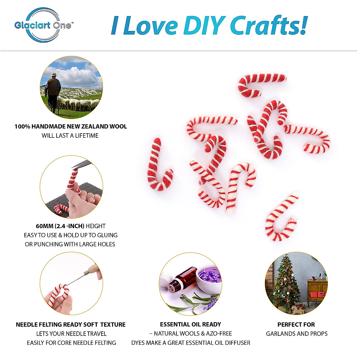 Glaciart One Felt Candy Cane Decoration (Red/White)- DIY Garland, Arts Crafts Supplies, Cute Home Decor for Christmas - Baby Mobile Ornaments - Hand-Felted Natural Wool Material - Set of 10