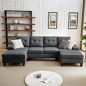 Chireca 111" Sectional Couch for Living Room, Modern Polyester Fibre U Shaped Sofa Couches with Double Chaise, Upholstered 4 Seater Sofa for Living Room, Apartment, Office, Dark Grey