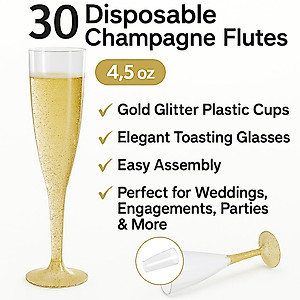 Oojami Gold Glitter Plastic Classicware Glass Like Champagne Wedding Parties Toasting Flutes (1 Box = Quantity 30)
