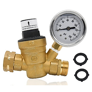 Adjustable Brass Water Pressure Regulator, with Gauge (0-160 PSI), Great for RVs and Boats and Plumbing Fixtures From High Water Pressure, Build-in Oil (NH Threads)