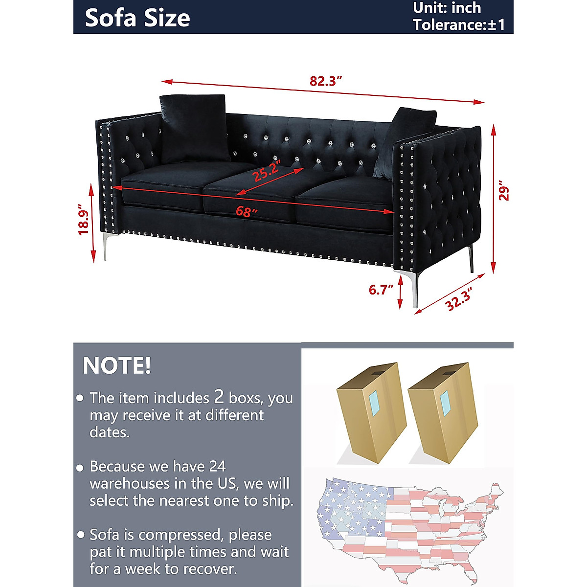 Velvet Sofa for Living Room,82.3" Jeweled Buttons Tufted Square Arm Couch,Modern Couch Upholstered Button and Metal Legs,Sofa Couch with 2 Pillows for Bedroom (Black+Velvet, 82.3 L*32.3 W*29.1 H)