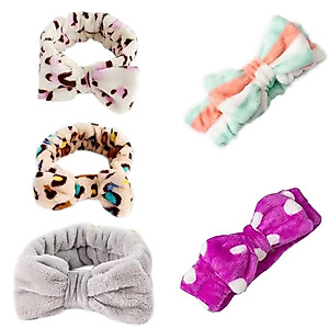 AGOVIE Spa Headband Makeup Headband for Women Microfiber Coral Fleece Bow Hair Band Stretchable Elastic for Women Girls Shower Washing Face Makeup Birthday Gifts