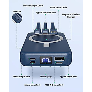 Wireless Portable Charger with Built in Cables,10000mAh Magnetic Power Bank Mini Battery Pack,4 Output 4 Input LED Display USB-C for iPhone 14/13/12/11/X Pro Max/Pro/Mini/Plus Android (Blue)