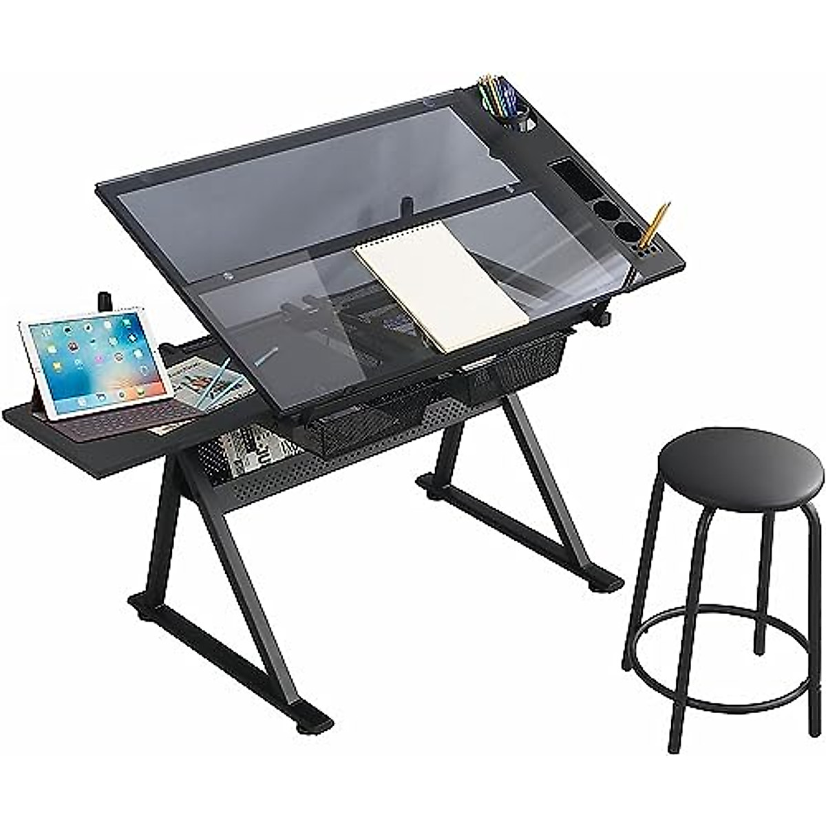 Drafting Printing Table with Chair & Storage Drawer,Tempered Glass Professhional, Adjustable Extended & Storage Cabinet, for Office School, Black