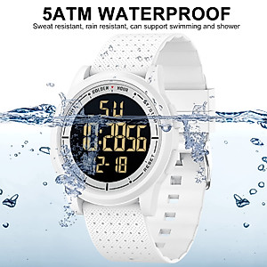 GOLDEN HOUR Ultra-Thin Minimalist Sports Waterproof Digital Watches Men with Wide-Angle Display Rubber Strap Wrist Watch for Men Women in White