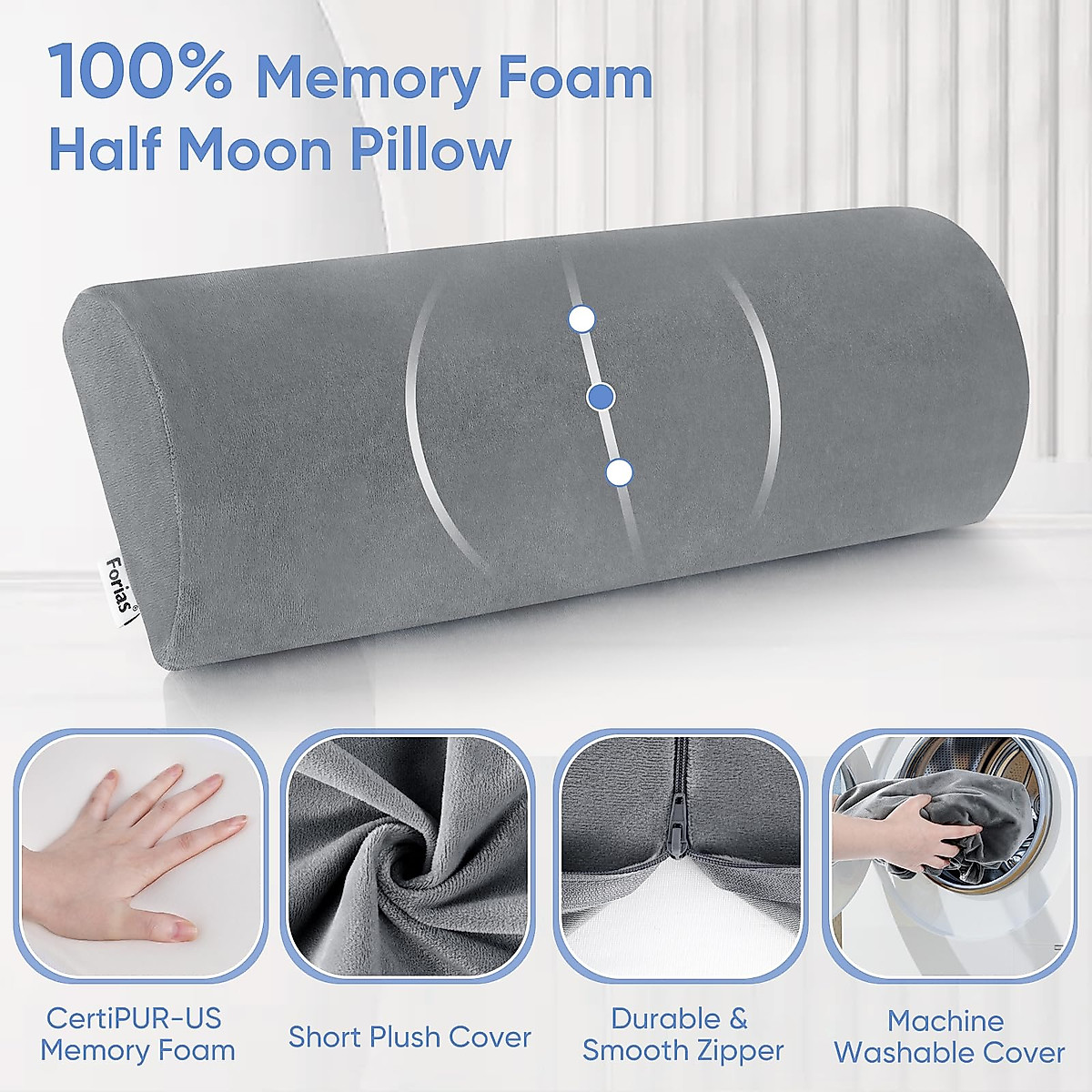 Forias Knee Pillow for Back Sleeping, Memory Foam Leg Pillow for Side Sleeping Bolster Pillow for Legs Elevation Half Moon Leg Elevation Pillow for Knee Lumbar Support, Ankle Rest and Foot Comfort