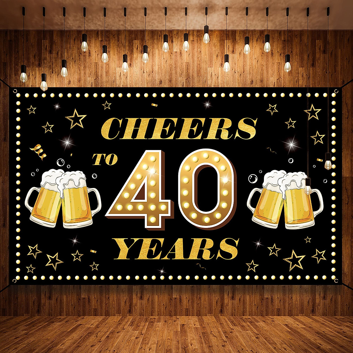 Happy 40th Birthday Decorations for Men Women, Cheers to 40 Years Banner Backdrop, 40th Anniversary, 40 year Reunion Decor, Black Gold Forty Birthday Party Sign Poster Supplies PHXEY (6.1ft x 3.6ft）