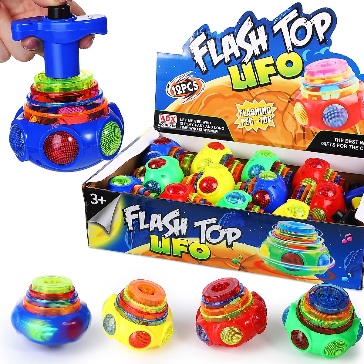 12 Pcs UFO Top Light Toy LED Light up Toy Music Flashing Spinner Toy for Party Supplies, 3 Colors