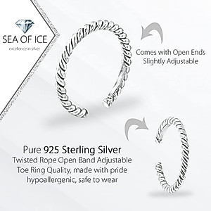 SEA OF ICE Toe Rings for Women Sterling Silver Twisted Rope Open Band Adjustable Jewelry