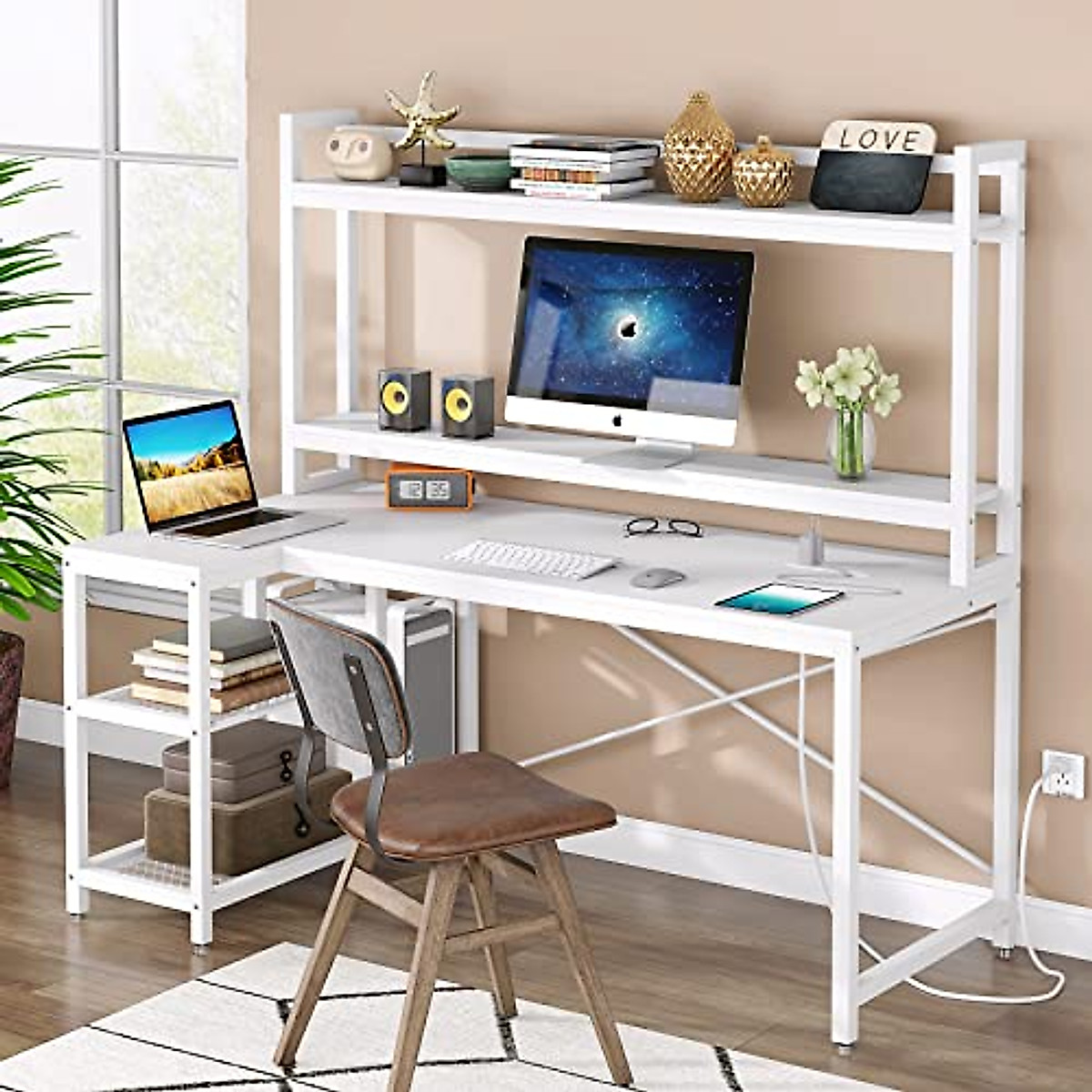 TIYASE Computer Desk with Hutch and Storage Shelves, 51 inch L-Shaped Corner Computer Desk with Power Outlet & Monitor Stand, Large Home Office Study Writing Table with USB Port & Tower Shelf, White